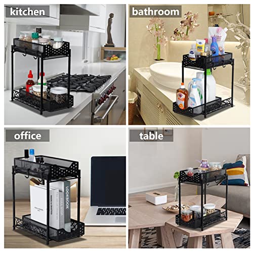 1 Pack Metal Under Sink Organizers and Storage - 2 Tier Bathroom Under Sink Organizers with Sliding Drawer Storage Kitchen Adjustable Under Sink Cabinet Organizer Sliding Countertop with Wheels,Hooks