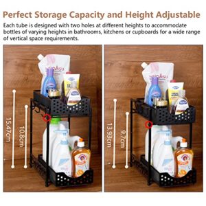 1 Pack Metal Under Sink Organizers and Storage - 2 Tier Bathroom Under Sink Organizers with Sliding Drawer Storage Kitchen Adjustable Under Sink Cabinet Organizer Sliding Countertop with Wheels,Hooks