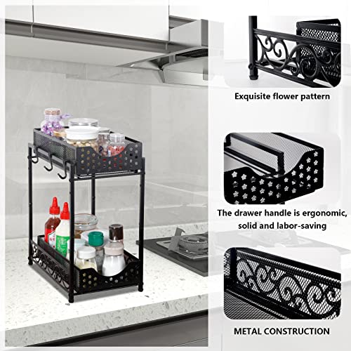 1 Pack Metal Under Sink Organizers and Storage - 2 Tier Bathroom Under Sink Organizers with Sliding Drawer Storage Kitchen Adjustable Under Sink Cabinet Organizer Sliding Countertop with Wheels,Hooks