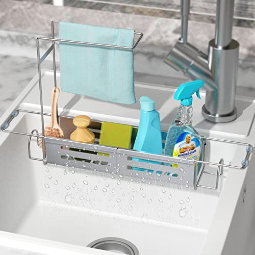 NiHome Adjustable Telescopic Sink Storage Rack - 2-in-1 Stainless Steel Organizer for Kitchen and Bathroom, with Non-Slip Expandable Drain Basket, Sponge Caddy, Dish Cloth and Rag Hanger (Silver)