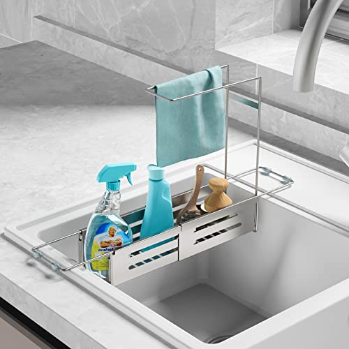 NiHome Adjustable Telescopic Sink Storage Rack - 2-in-1 Stainless Steel Organizer for Kitchen and Bathroom, with Non-Slip Expandable Drain Basket, Sponge Caddy, Dish Cloth and Rag Hanger (Silver)