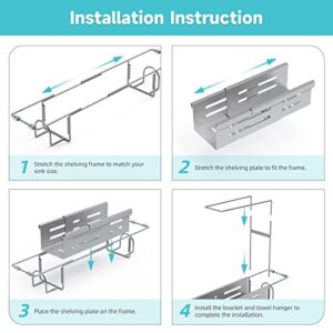 NiHome Adjustable Telescopic Sink Storage Rack - 2-in-1 Stainless Steel Organizer for Kitchen and Bathroom, with Non-Slip Expandable Drain Basket, Sponge Caddy, Dish Cloth and Rag Hanger (Silver)