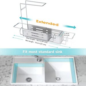 NiHome Adjustable Telescopic Sink Storage Rack - 2-in-1 Stainless Steel Organizer for Kitchen and Bathroom, with Non-Slip Expandable Drain Basket, Sponge Caddy, Dish Cloth and Rag Hanger (Silver)