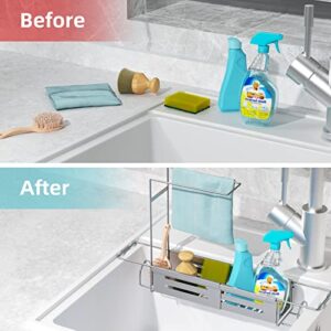 NiHome Adjustable Telescopic Sink Storage Rack - 2-in-1 Stainless Steel Organizer for Kitchen and Bathroom, with Non-Slip Expandable Drain Basket, Sponge Caddy, Dish Cloth and Rag Hanger (Silver)