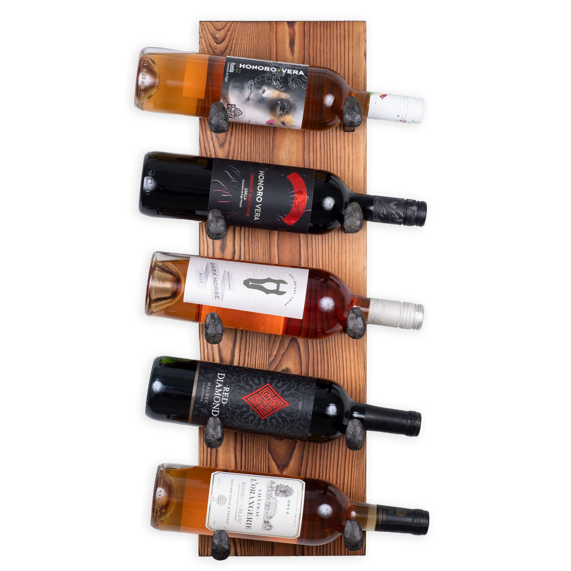 Rustic State Alicante Wall Mounted Reclaimed Wood Vertical Wine Rack Holder Shelf Organizer with Railroad Spike Cast Iron Hooks for 5 Bottles - Home, Kitchen, Dining Room Bar Décor - Walnut