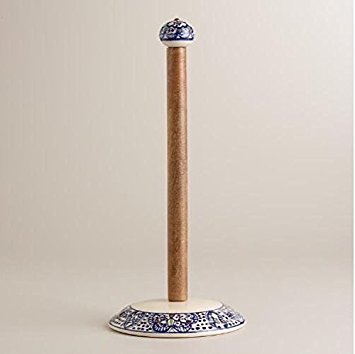 Paper Towel Holder Paper Towel Stand Paper towel Dispenser Wooden and Ceramic Blue and White HAND CRAFTED AND HAND PAINTED NORTHERN AFRICAN DESIGN.