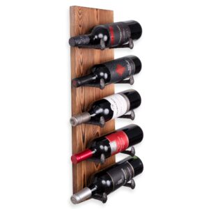 Rustic State Alicante Wall Mounted Reclaimed Wood Vertical Wine Rack Holder Shelf Organizer with Railroad Spike Cast Iron Hooks for 5 Bottles - Home, Kitchen, Dining Room Bar Décor - Walnut