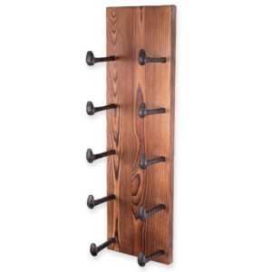 Rustic State Alicante Wall Mounted Reclaimed Wood Vertical Wine Rack Holder Shelf Organizer with Railroad Spike Cast Iron Hooks for 5 Bottles - Home, Kitchen, Dining Room Bar Décor - Walnut