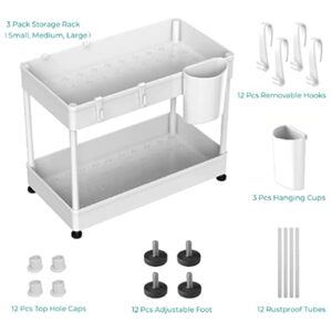 Lovelyduo 3 Pack Under Sink Organizer and Storage, 2 Tier Kitchen Bathroom Undersink Organizers with Hooks, Hanging Cups, Multi-purpose Sink Storage Cabinet White