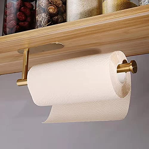 Paper Towel Holder Under Cabinet Wall Mount Paper Towel Rack Kitchen Paper Holder Self Adhensive Jumbo Rolls Paper Towel Holders for Kitchen Bathroom Farmhouse Accessories SUS 304 Stainless Steel,Gold