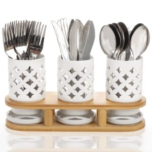 lawei 3 pieces ceramic silverware caddy with bamboo base, flatware caddy cutlery storage organizer for forks, spoons, knives, utensil holder tool crock with drain holes for kitchen, cabinet or pantry