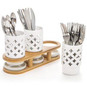 Lawei 3 Pieces Ceramic Silverware Caddy with Bamboo Base, Flatware Caddy Cutlery Storage Organizer for Forks, Spoons, Knives, Utensil Holder Tool Crock with Drain Holes for Kitchen, Cabinet or Pantry