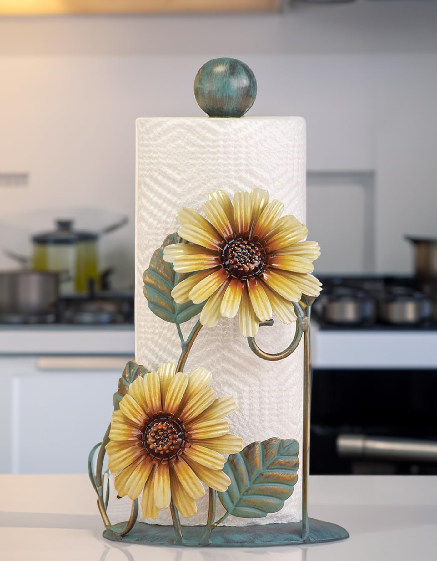 Sunflower-Themed Paper Towel Holder- Indoor Decorative Accent and Practical Accessory for Kitchen & Dining-Beautifully Designed Rustic Farmhouse Stand for Countertops,Complementing Sunflower Dish Sets