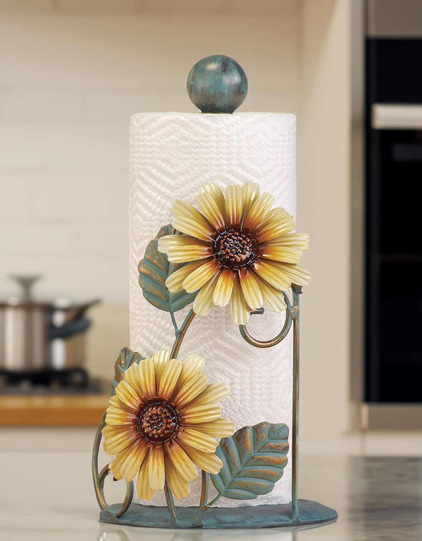 Sunflower-Themed Paper Towel Holder- Indoor Decorative Accent and Practical Accessory for Kitchen & Dining-Beautifully Designed Rustic Farmhouse Stand for Countertops,Complementing Sunflower Dish Sets