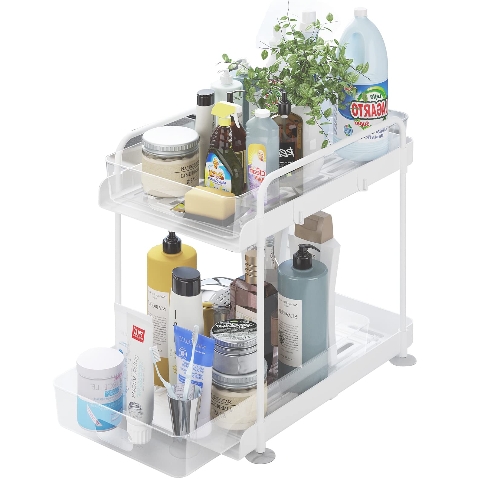 QDTTSRY Pull Out Under Sink Organizer Storage, 2 Tier Under Sink Shelf Kitchen Cabinet Organizers with Hooks for Home Kitchen Bathroom Cabinet and Countertop - Clear & White