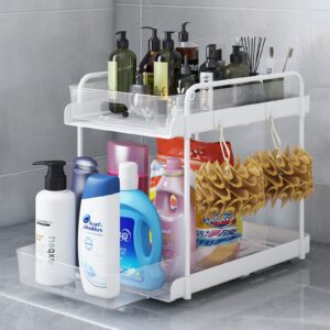 QDTTSRY Pull Out Under Sink Organizer Storage, 2 Tier Under Sink Shelf Kitchen Cabinet Organizers with Hooks for Home Kitchen Bathroom Cabinet and Countertop - Clear & White