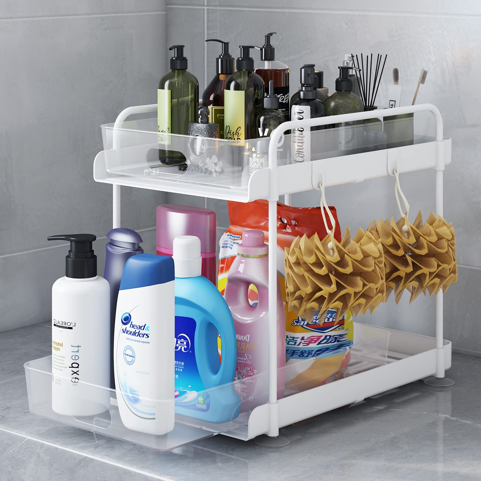 QDTTSRY Pull Out Under Sink Organizer Storage, 2 Tier Under Sink Shelf Kitchen Cabinet Organizers with Hooks for Home Kitchen Bathroom Cabinet and Countertop - Clear & White