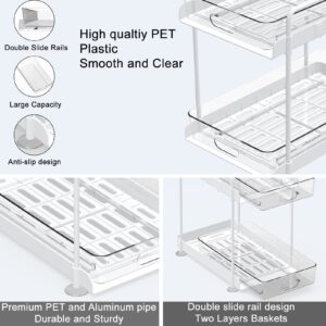 QDTTSRY Pull Out Under Sink Organizer Storage, 2 Tier Under Sink Shelf Kitchen Cabinet Organizers with Hooks for Home Kitchen Bathroom Cabinet and Countertop - Clear & White