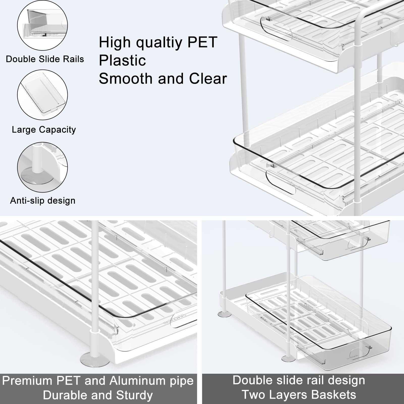 QDTTSRY Pull Out Under Sink Organizer Storage, 2 Tier Under Sink Shelf Kitchen Cabinet Organizers with Hooks for Home Kitchen Bathroom Cabinet and Countertop - Clear & White