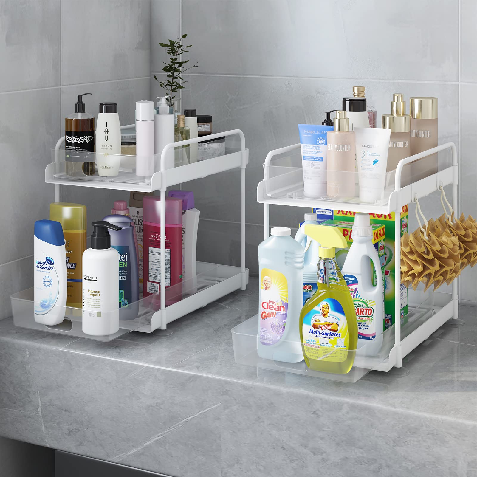 QDTTSRY Pull Out Under Sink Organizer Storage, 2 Tier Under Sink Shelf Kitchen Cabinet Organizers with Hooks for Home Kitchen Bathroom Cabinet and Countertop - Clear & White