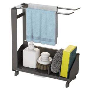 rustproof sink caddy sponge holder-can hold various kitchen gadgets and small items with removable drain tray,rotatable dishcloth rag paper towel rack,no drilling,black,aluminum+carbon steel