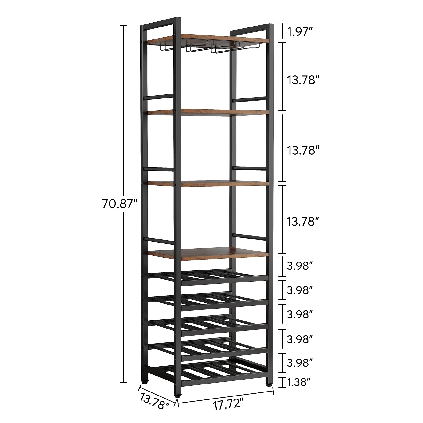 Tribesigns 20 Bottle Wine Bakers Rack, 9 Tier Freestanding Wine Rack with Glass Holder and Storage Shelves, Multi-Function Wine Bar Cabinet Bottle Holder for Kitchen, Dining Room, Rustic Brown