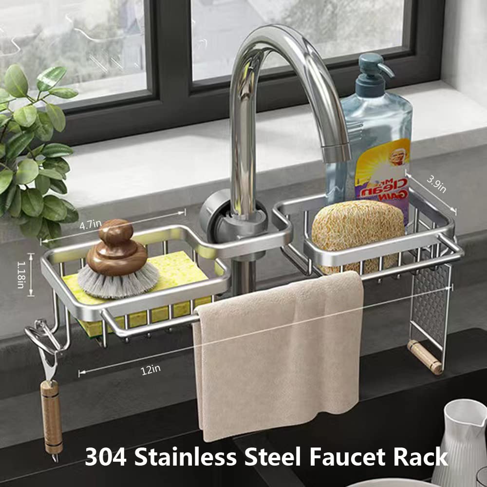 Sponge Holder for Kitchen Sink, Soap Dishcloth Brush Sink Caddy Drain Rack Aluminum Organizer for Kitchen Bathroom Accessories Compatible with Faucets 0.8-1.1 Inches in Diameter