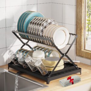 1easylife dish drying rack collapsible: 2-tier dish rack with drainboard, self draining dish dryer for kitchen counter rustproof, foldable utensil drainer with cup holder free towel