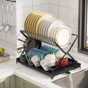 1Easylife Dish Drying Rack Collapsible: 2-Tier Dish Rack with Drainboard, Self Draining Dish Dryer for Kitchen Counter Rustproof, Foldable Utensil Drainer with Cup Holder Free Towel