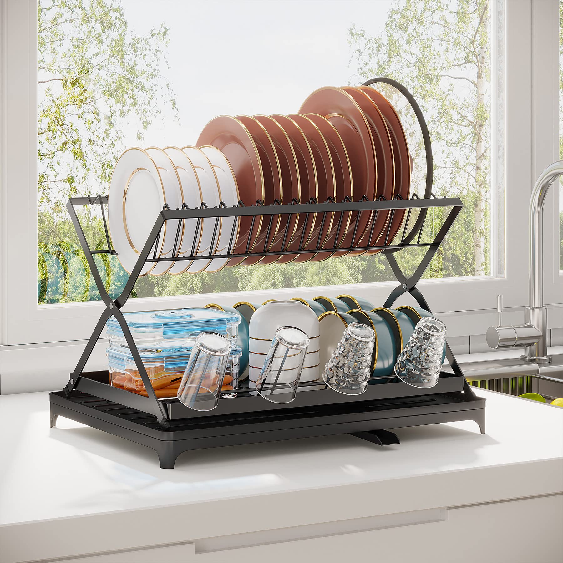 1Easylife Dish Drying Rack Collapsible: 2-Tier Dish Rack with Drainboard, Self Draining Dish Dryer for Kitchen Counter Rustproof, Foldable Utensil Drainer with Cup Holder Free Towel