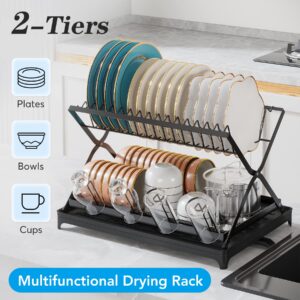 1Easylife Dish Drying Rack Collapsible: 2-Tier Dish Rack with Drainboard, Self Draining Dish Dryer for Kitchen Counter Rustproof, Foldable Utensil Drainer with Cup Holder Free Towel