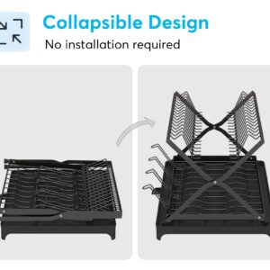 1Easylife Dish Drying Rack Collapsible: 2-Tier Dish Rack with Drainboard, Self Draining Dish Dryer for Kitchen Counter Rustproof, Foldable Utensil Drainer with Cup Holder Free Towel