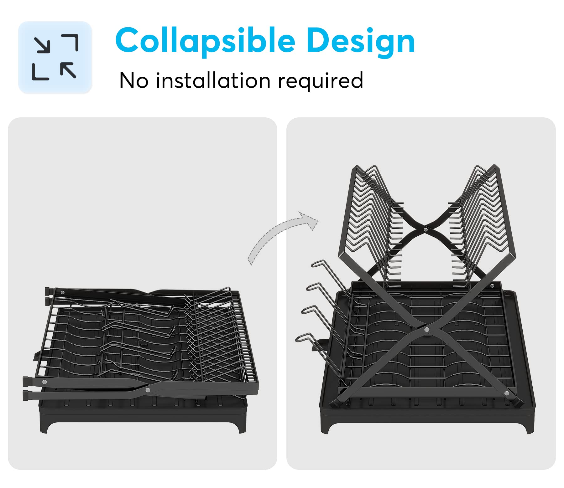 1Easylife Dish Drying Rack Collapsible: 2-Tier Dish Rack with Drainboard, Self Draining Dish Dryer for Kitchen Counter Rustproof, Foldable Utensil Drainer with Cup Holder Free Towel