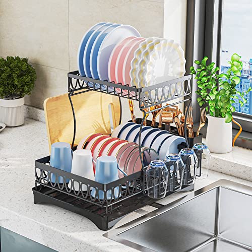 GILLAS Dish Drying Rack, 2 Tier Dish Racks for Kitchen Counter, Kitchen Organization with Large Capacity Dish Drainers & Drainboard, Dish Rack with Utensils & Glass Holder, Black