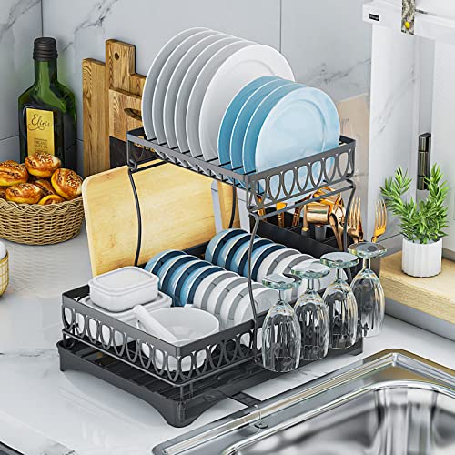 GILLAS Dish Drying Rack, 2 Tier Dish Racks for Kitchen Counter, Kitchen Organization with Large Capacity Dish Drainers & Drainboard, Dish Rack with Utensils & Glass Holder, Black