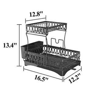 GILLAS Dish Drying Rack, 2 Tier Dish Racks for Kitchen Counter, Kitchen Organization with Large Capacity Dish Drainers & Drainboard, Dish Rack with Utensils & Glass Holder, Black