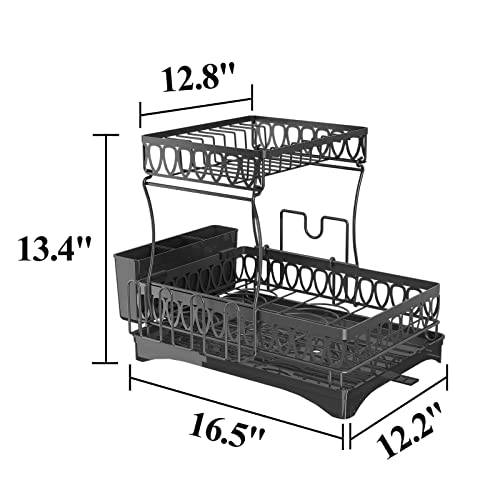 GILLAS Dish Drying Rack, 2 Tier Dish Racks for Kitchen Counter, Kitchen Organization with Large Capacity Dish Drainers & Drainboard, Dish Rack with Utensils & Glass Holder, Black