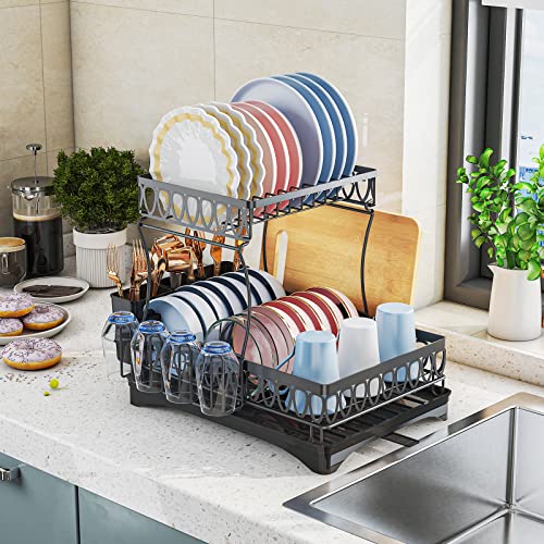 GILLAS Dish Drying Rack, 2 Tier Dish Racks for Kitchen Counter, Kitchen Organization with Large Capacity Dish Drainers & Drainboard, Dish Rack with Utensils & Glass Holder, Black