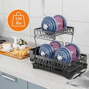 GILLAS Dish Drying Rack, 2 Tier Dish Racks for Kitchen Counter, Kitchen Organization with Large Capacity Dish Drainers & Drainboard, Dish Rack with Utensils & Glass Holder, Black