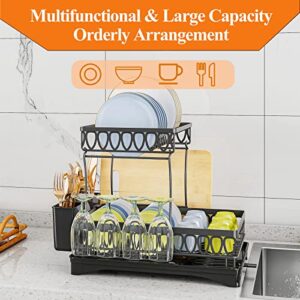 GILLAS Dish Drying Rack, 2 Tier Dish Racks for Kitchen Counter, Kitchen Organization with Large Capacity Dish Drainers & Drainboard, Dish Rack with Utensils & Glass Holder, Black