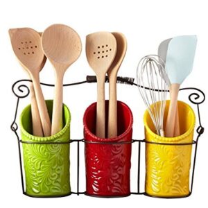 ienjoyware Kitchen Utensil Holder Set (4 Pieces) - 3 Ceramic Crocks & 1 Portable Wire Caddy - Multi-Color