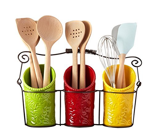 ienjoyware Kitchen Utensil Holder Set (4 Pieces) - 3 Ceramic Crocks & 1 Portable Wire Caddy - Multi-Color