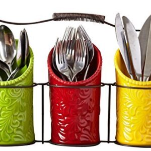 ienjoyware Kitchen Utensil Holder Set (4 Pieces) - 3 Ceramic Crocks & 1 Portable Wire Caddy - Multi-Color