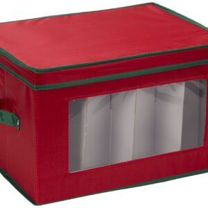 Household Essentials Stemware Storage Box with Lid and Handles | Champagne Glasses | Red Canvas with Green Trim