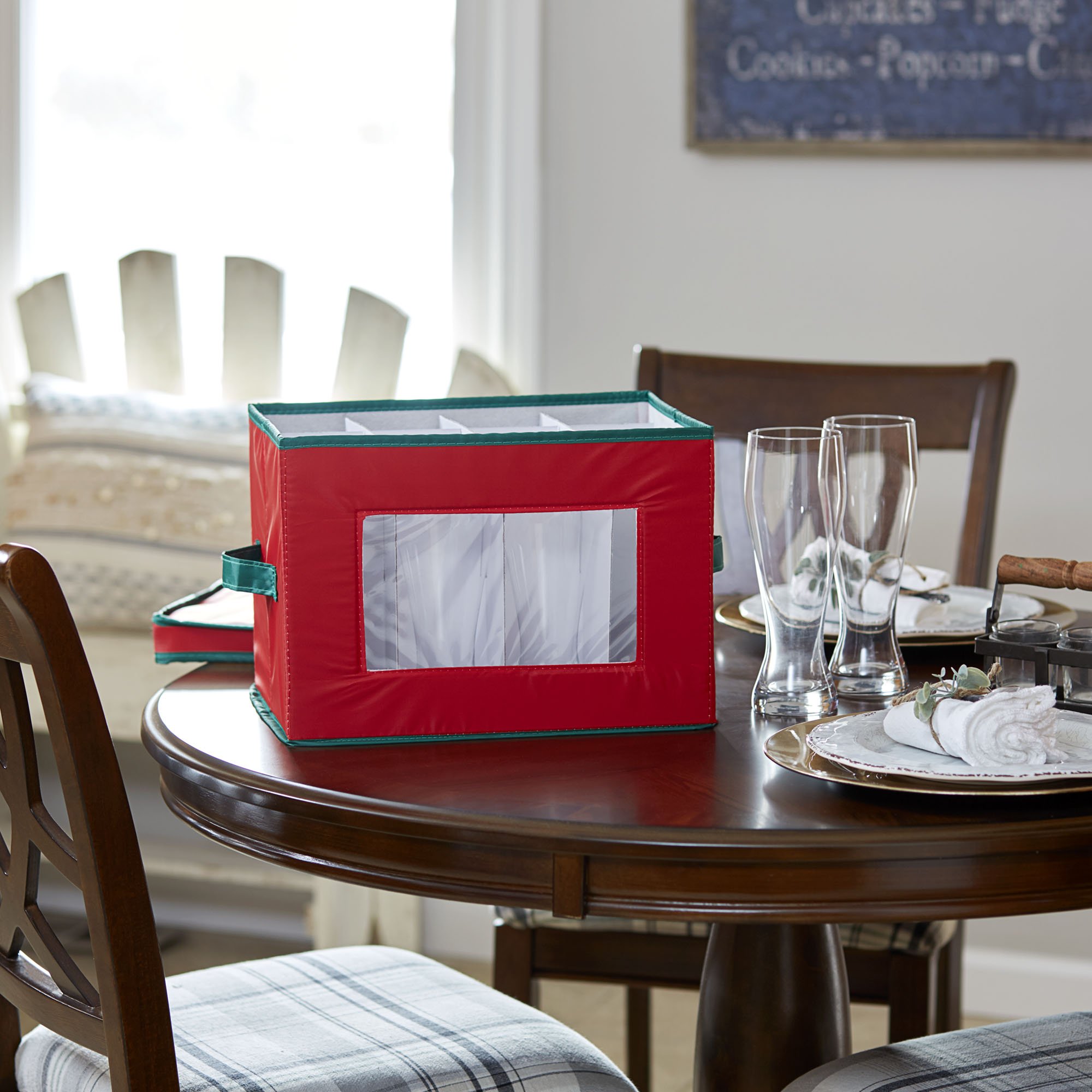 Household Essentials Stemware Storage Box with Lid and Handles | Champagne Glasses | Red Canvas with Green Trim