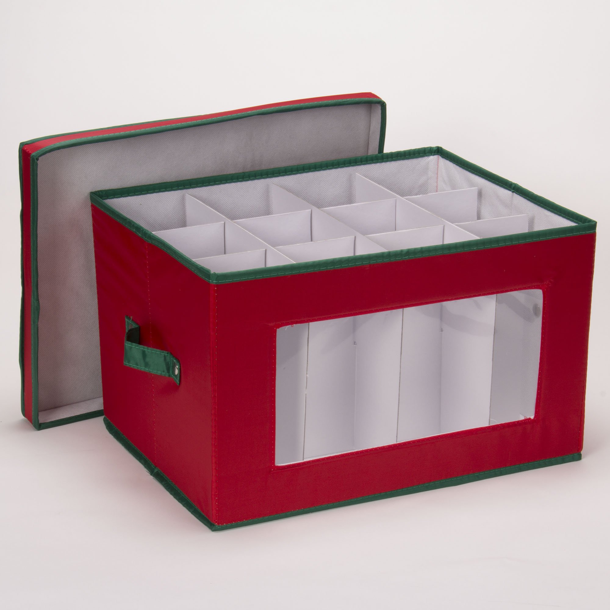 Household Essentials Stemware Storage Box with Lid and Handles | Champagne Glasses | Red Canvas with Green Trim