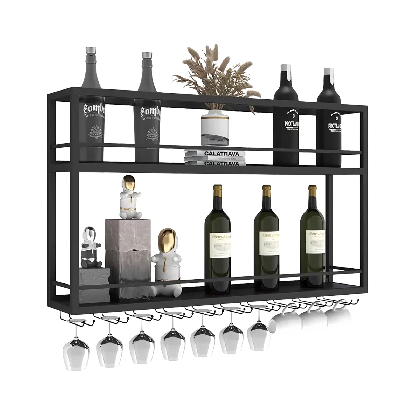 Industrial Wall Mounted Wine Rack, 2-Tier Wood Wine Bottle Shelf with Stemware Rack, Black Wine Glass Rack Multi Functional Wine Storage Display Rack for Home Bar Dining Room Kitchen (39.3×7.8×26in)