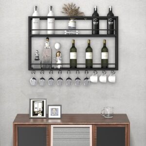 Industrial Wall Mounted Wine Rack, 2-Tier Wood Wine Bottle Shelf with Stemware Rack, Black Wine Glass Rack Multi Functional Wine Storage Display Rack for Home Bar Dining Room Kitchen (39.3×7.8×26in)