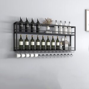 Industrial Wall Mounted Wine Rack, 2-Tier Wood Wine Bottle Shelf with Stemware Rack, Black Wine Glass Rack Multi Functional Wine Storage Display Rack for Home Bar Dining Room Kitchen (39.3×7.8×26in)