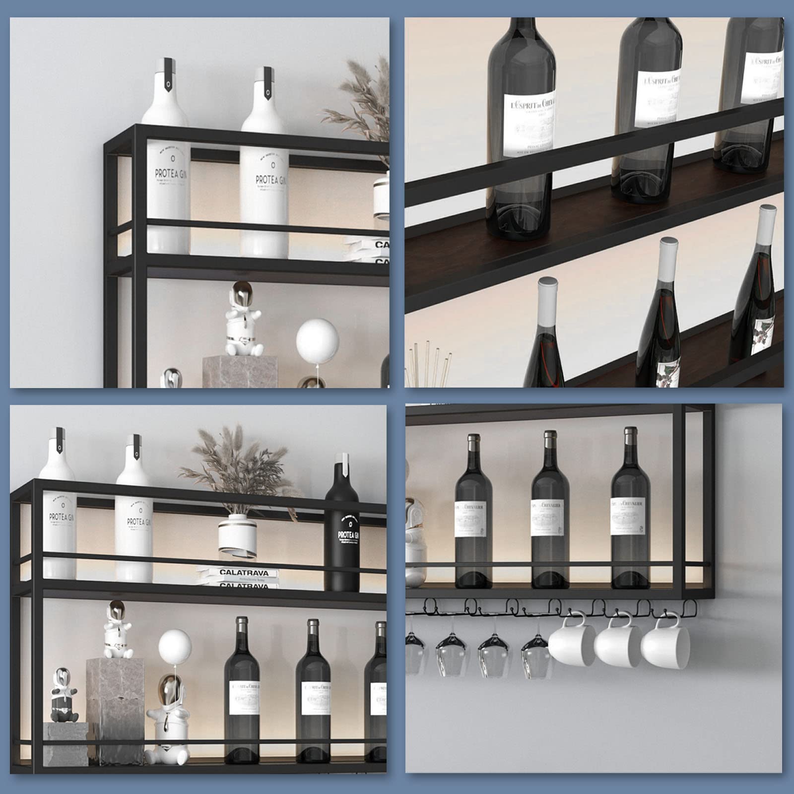 Industrial Wall Mounted Wine Rack, 2-Tier Wood Wine Bottle Shelf with Stemware Rack, Black Wine Glass Rack Multi Functional Wine Storage Display Rack for Home Bar Dining Room Kitchen (39.3×7.8×26in)